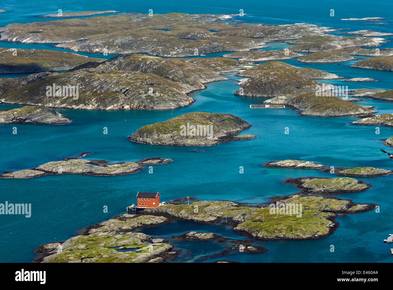 Aerial view of Lovund Archipelago with solitary house, Strandflat ...