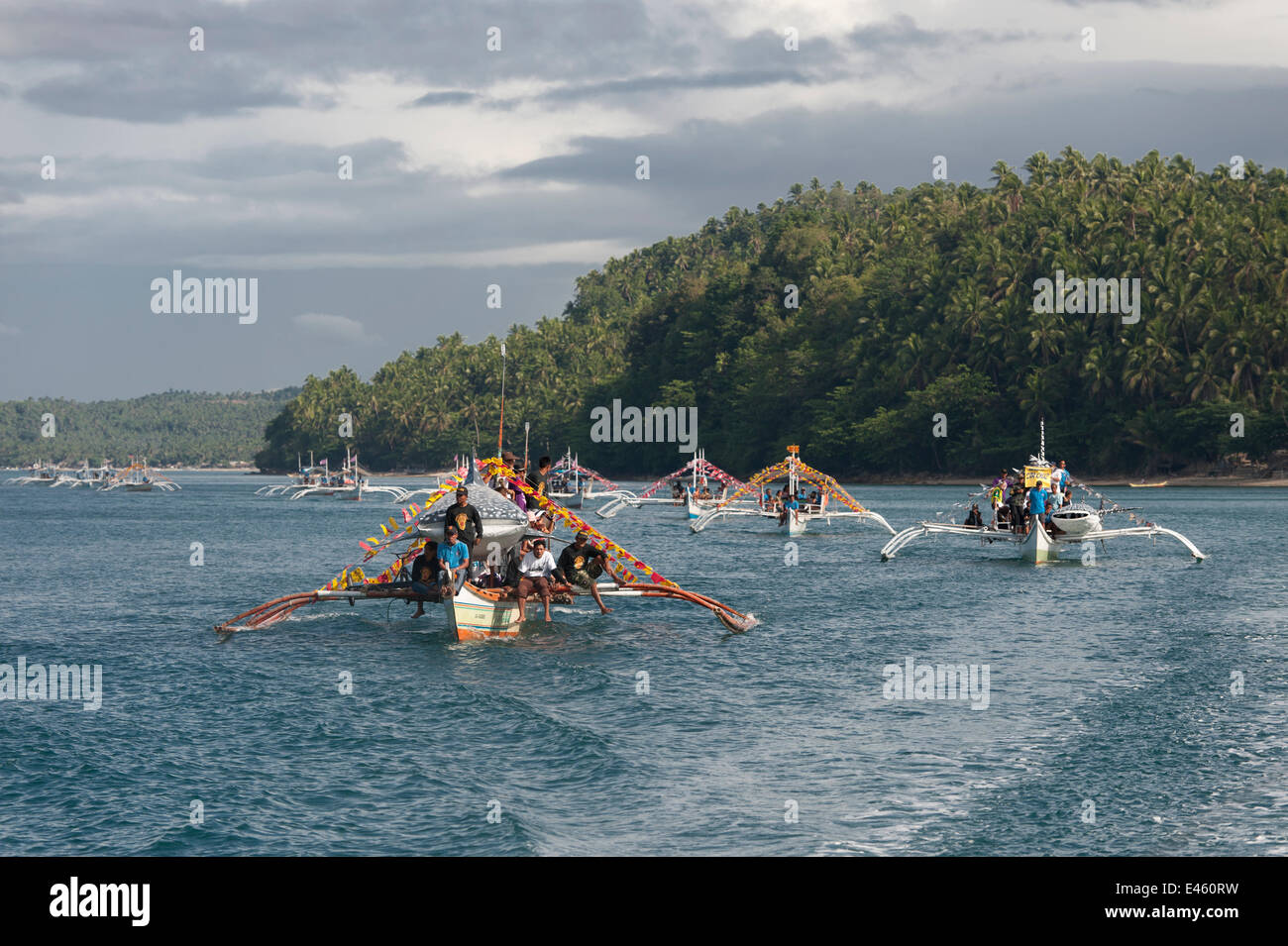 Outrigger boats parading at the Butanding Whale Shark Festival, Donsol ...