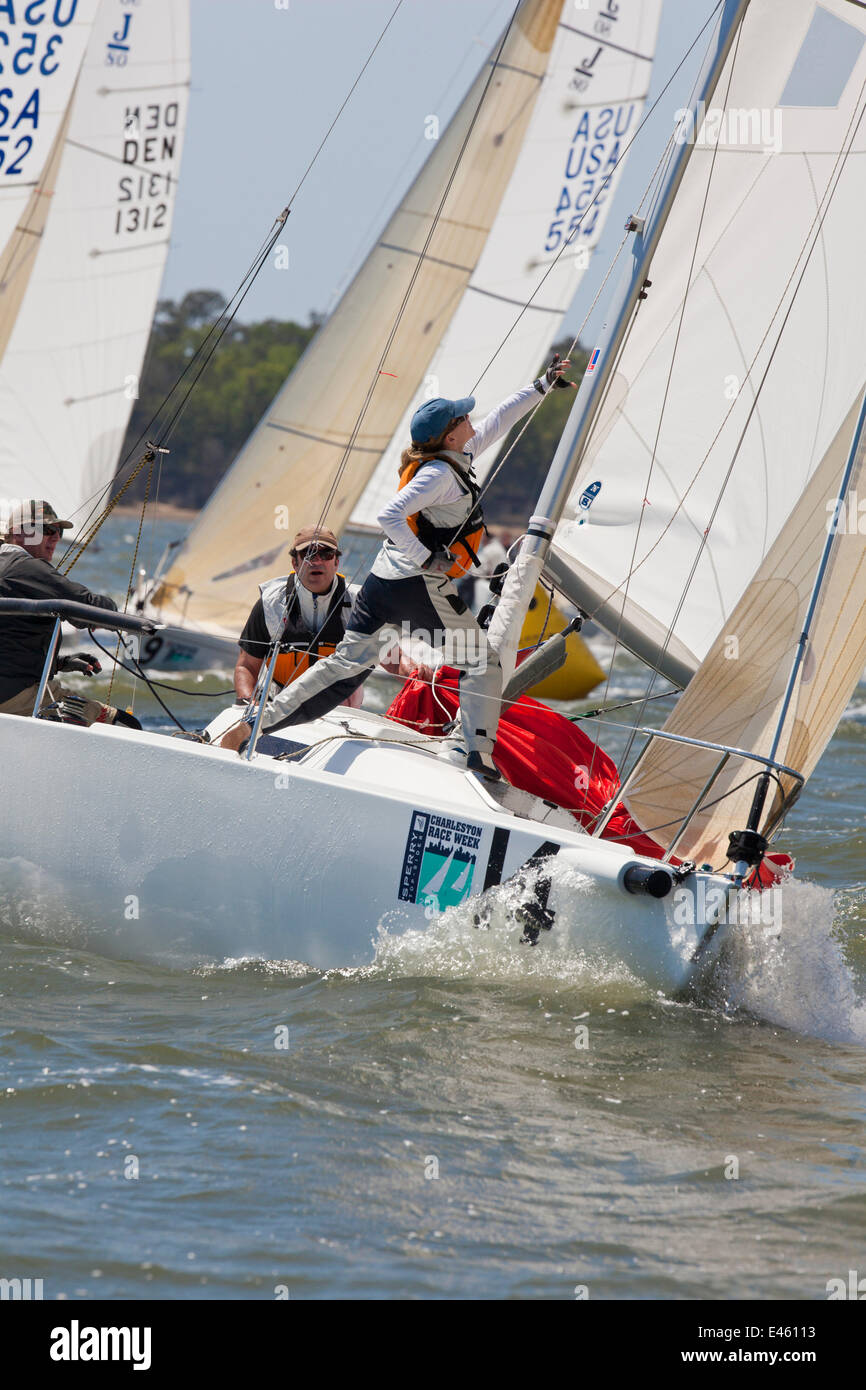 Woman hoisting spinnaker on board J80 during a race at Charleston Race ...