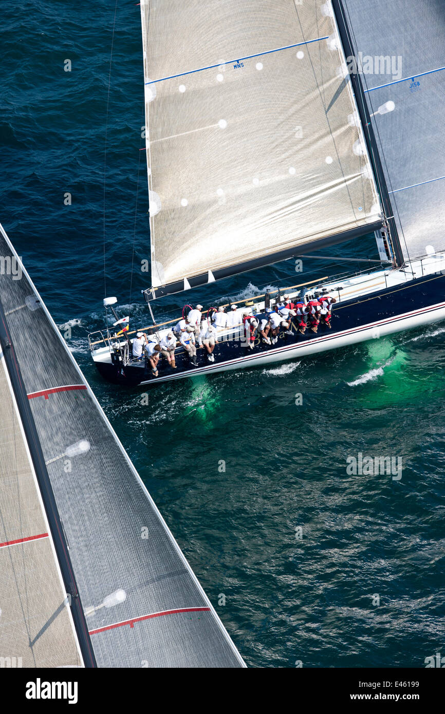 Aerial view of two yachts racing at the beginning of the Newport ...