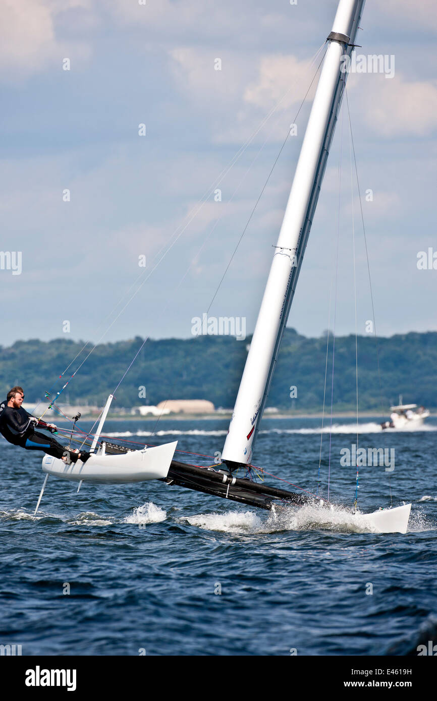 Crew hiking-out on board C-Class catamaran during training for Little ...