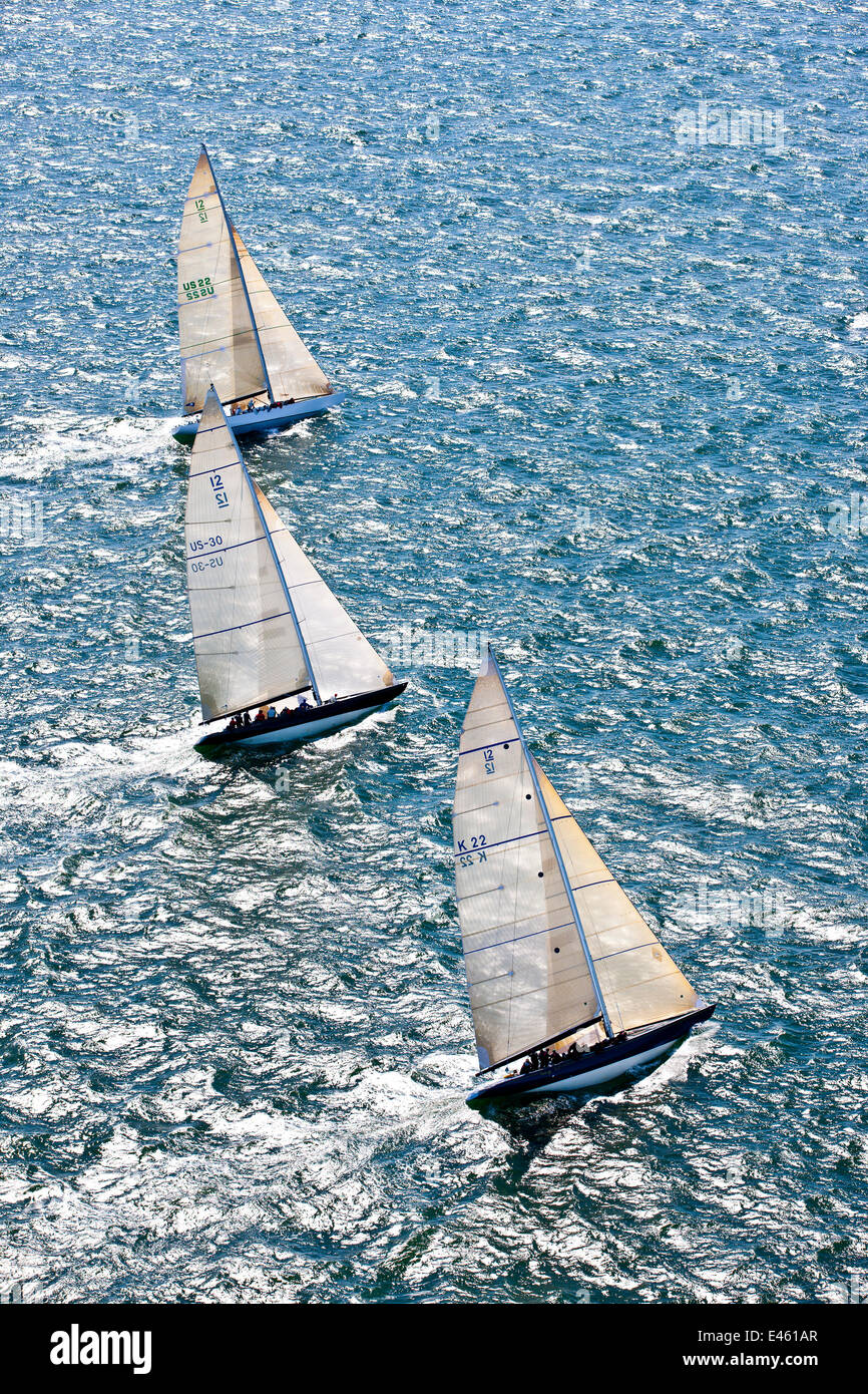 Aerial view of three yachts racing in the 12 Metre North American ...