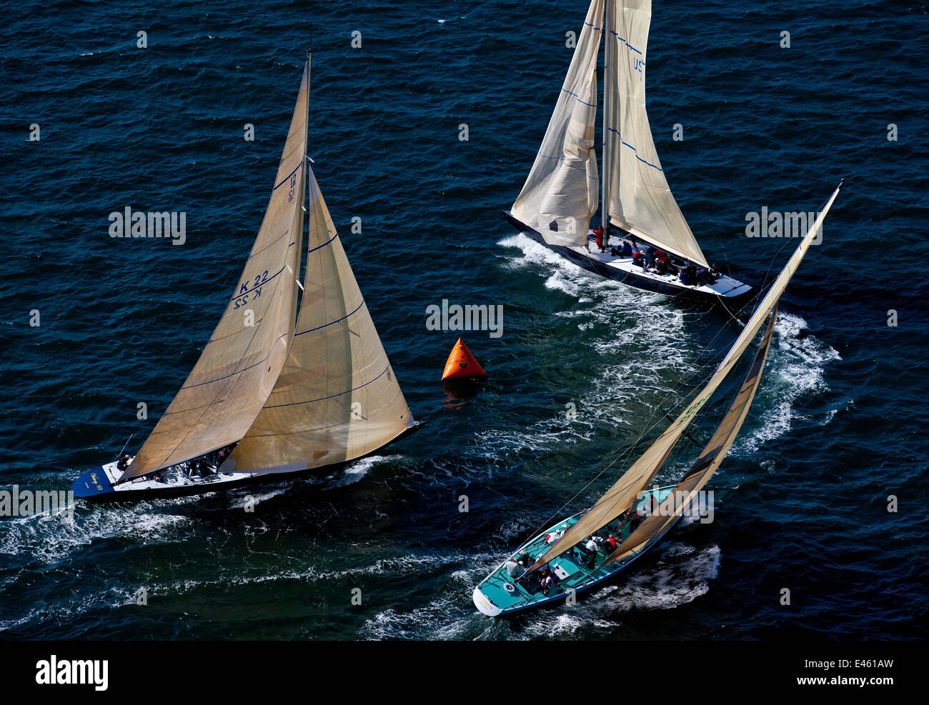 Aerial view of yachts racing around marker during the 12 Metre North ...