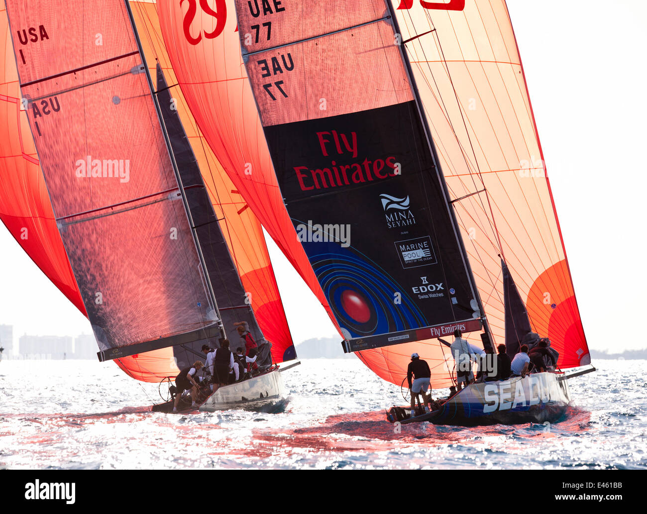 Two yachts racing under spinnaker in the RC44 Circuit in Miami. Florida ...