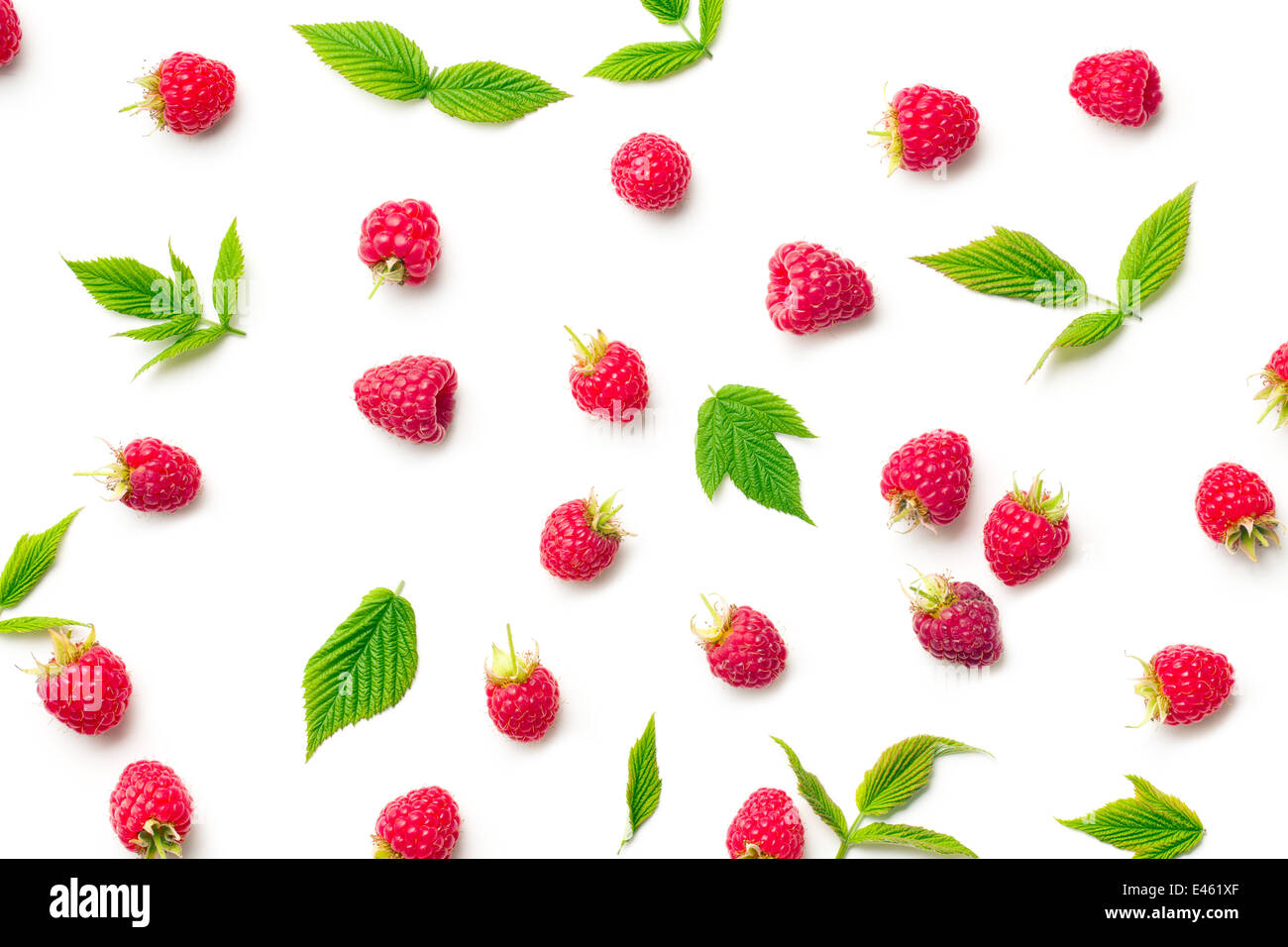 raspberries and leaves on white background Stock Photo - Alamy