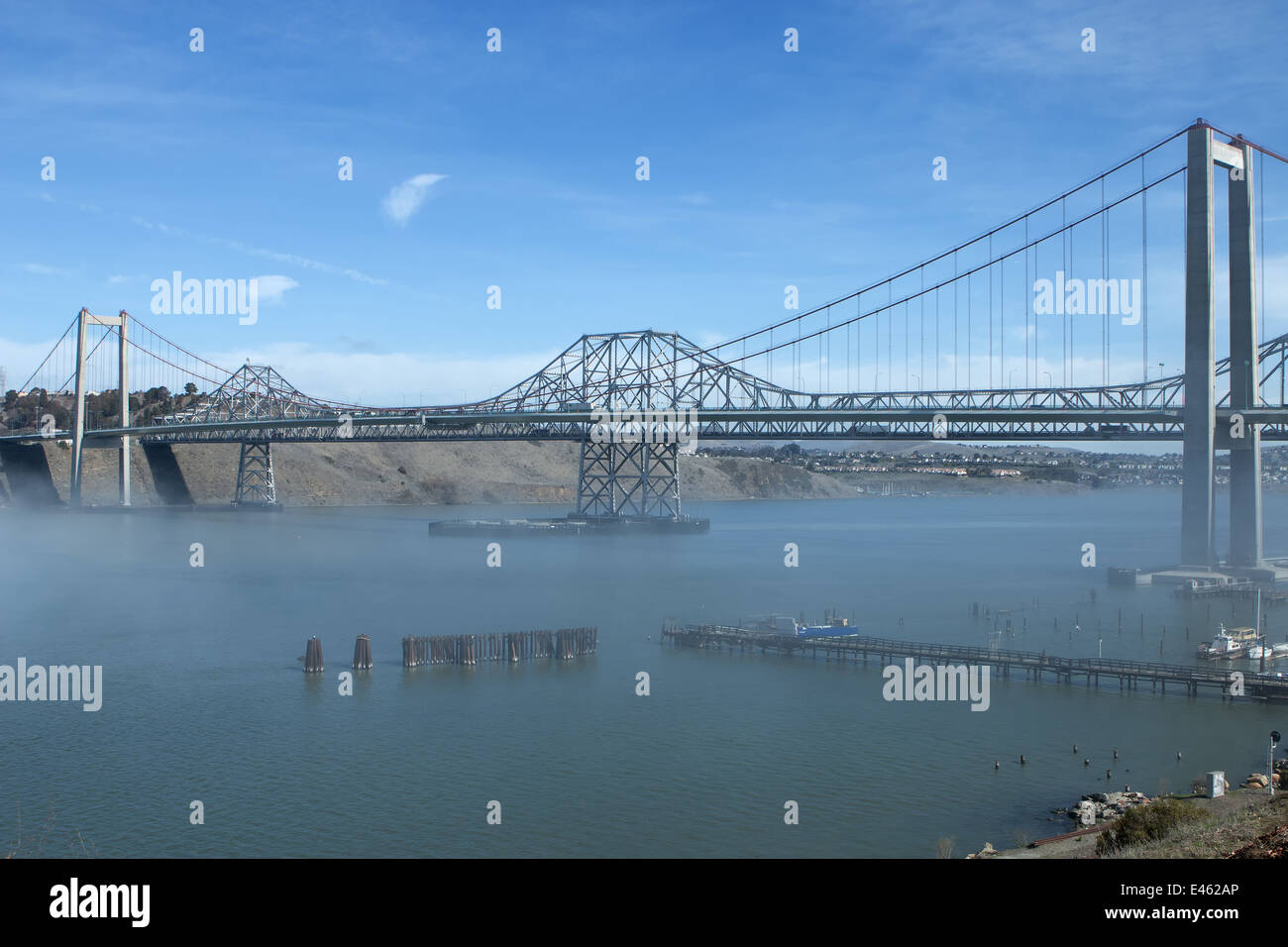 Carquinez bridges Crockett California interstate 80,fog with blue sky ...