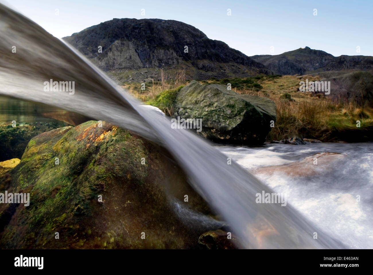 A split-level view through a small waterfall, Llanberis, Snowdonia NP ...