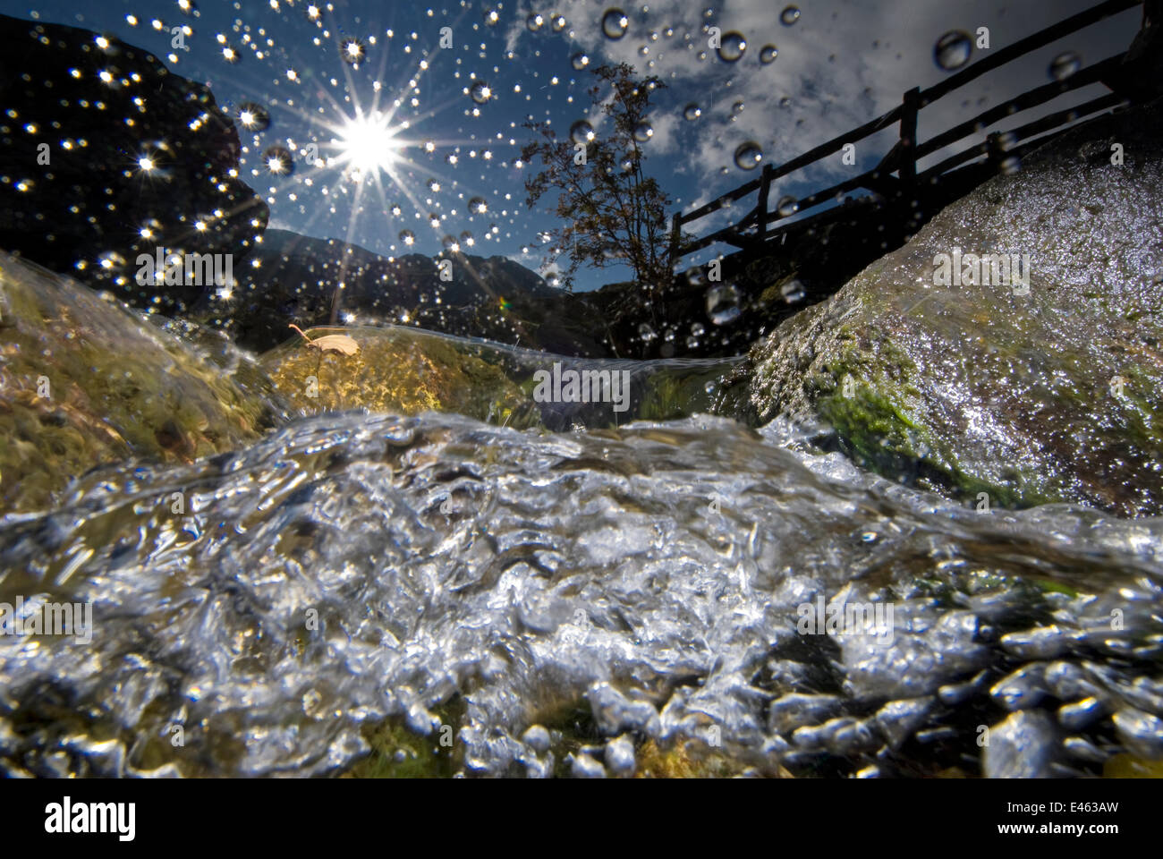 A split-level image of a mountain stream, in autumn, with water ...
