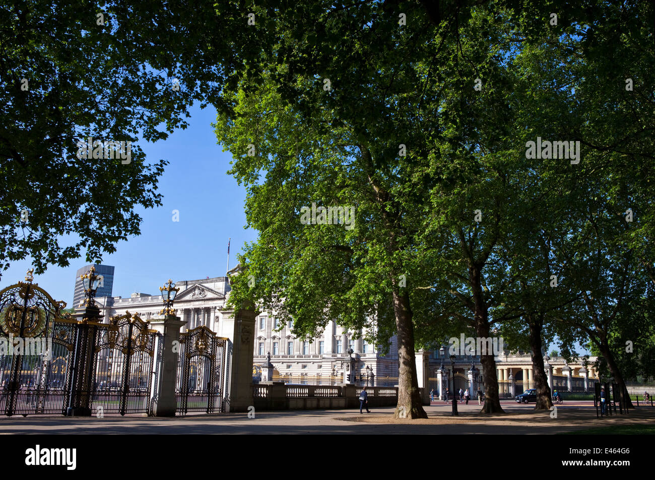 A view of the magnificent Buckingham Palace through the trees of Green ...