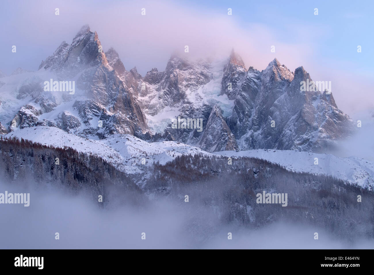 Mountains covered in snow, Chamonix, France, in winter of December 2011 ...