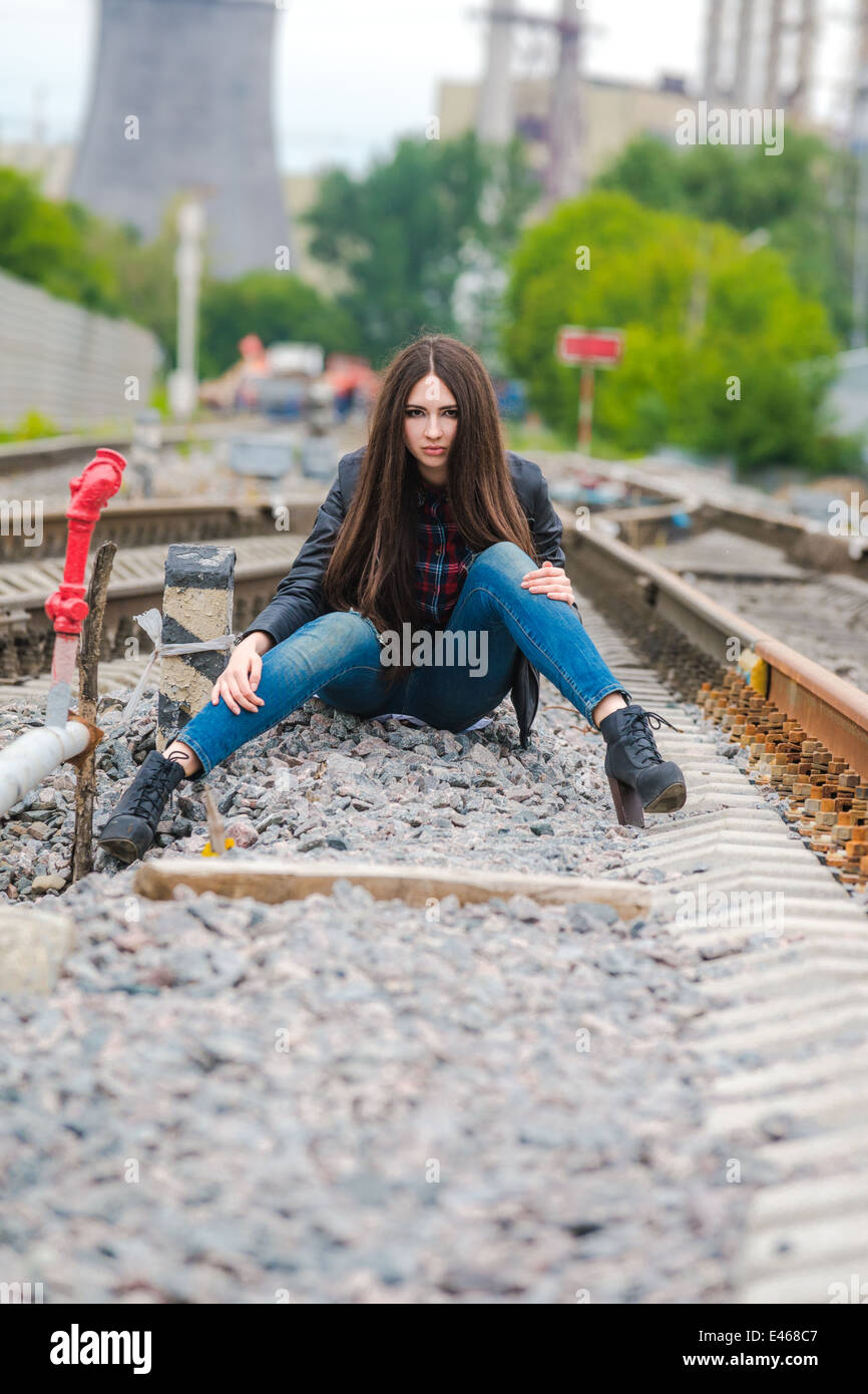 Girl at railroad Stock Photo - Alamy
