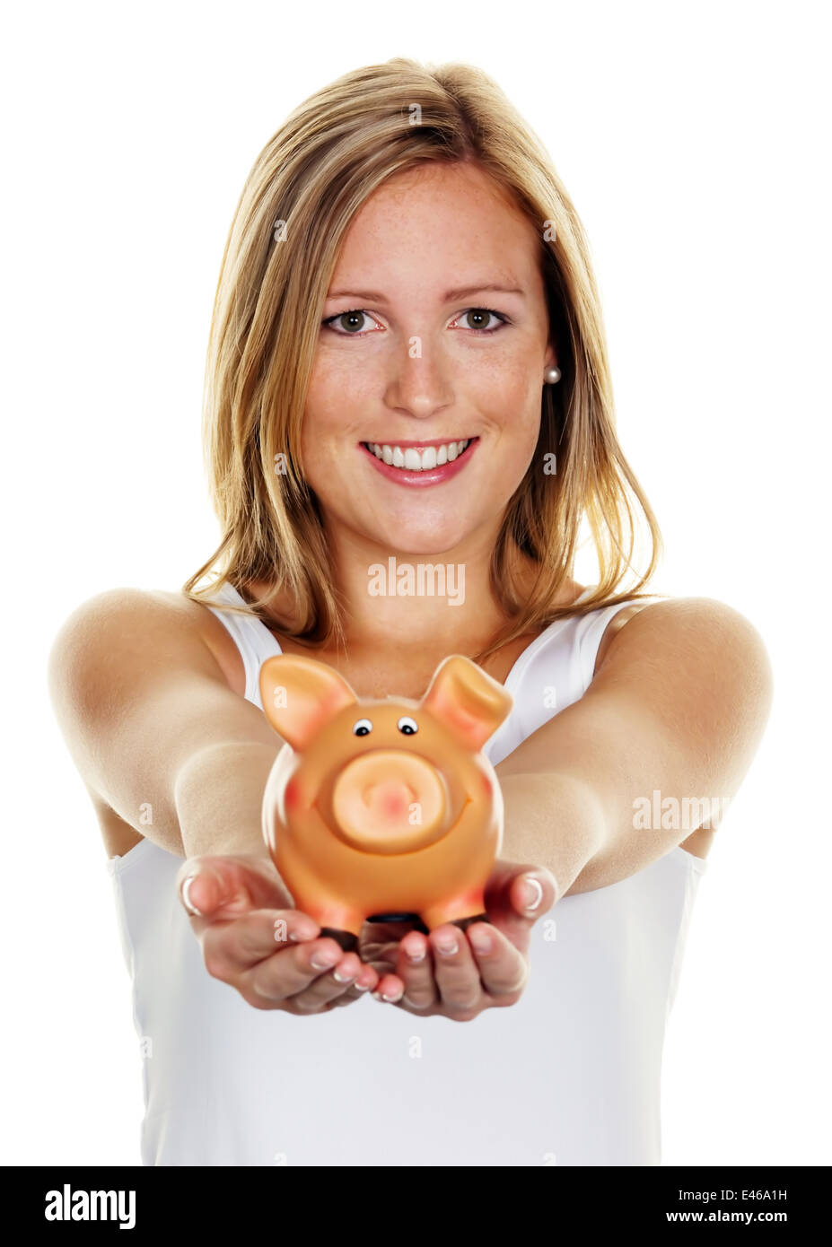 A young woman saves money and coins for the future. Pension and savings ...