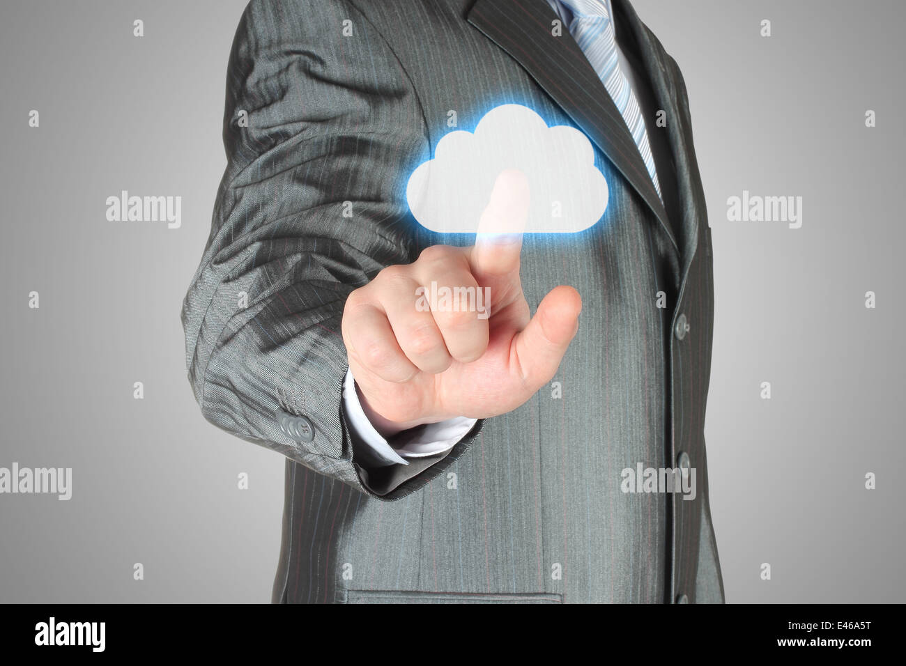 Businessman pushes virtual cloud button. Cloud computing concept Stock ...