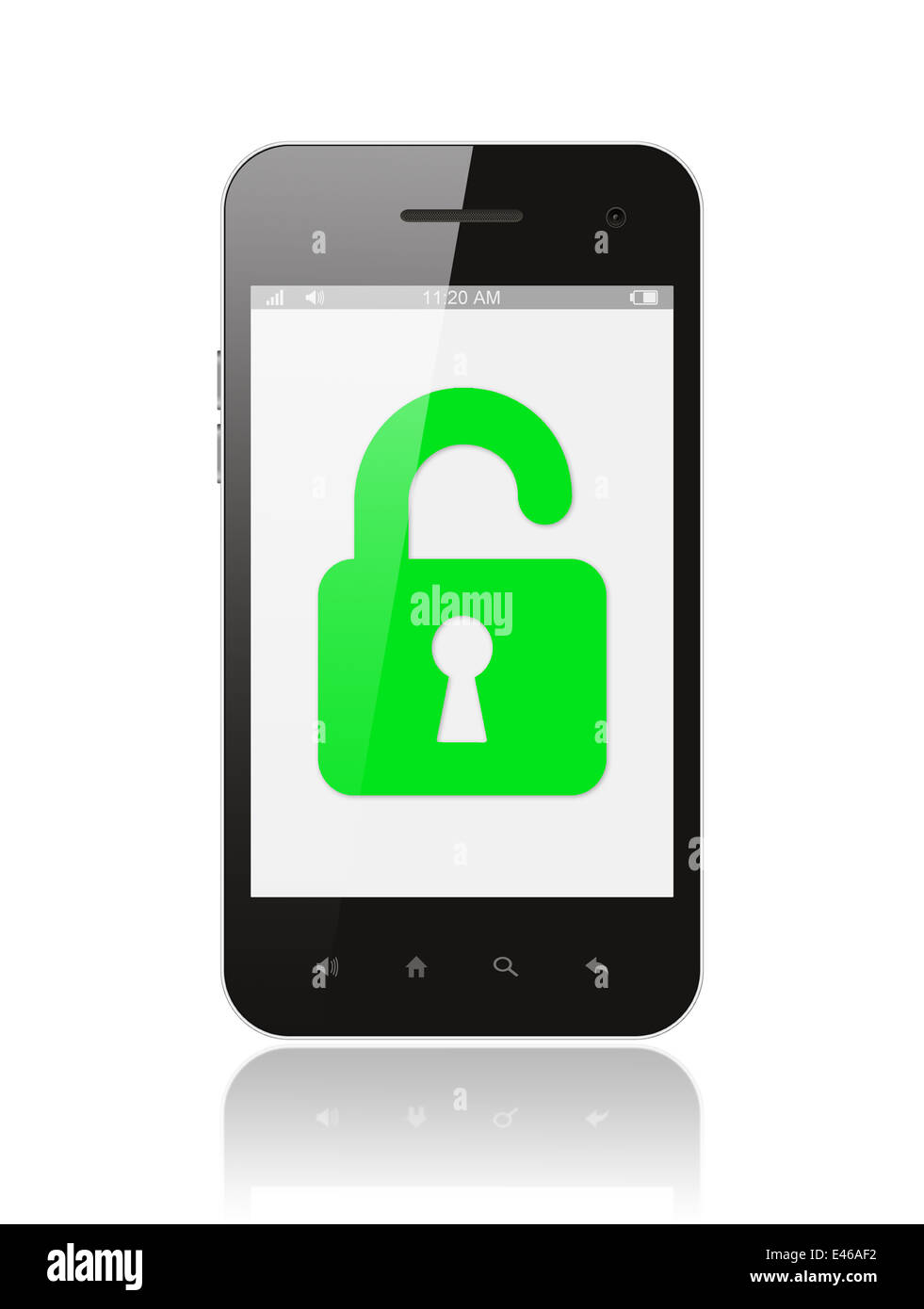 Smart phone with open lock on white background, security concept Stock ...