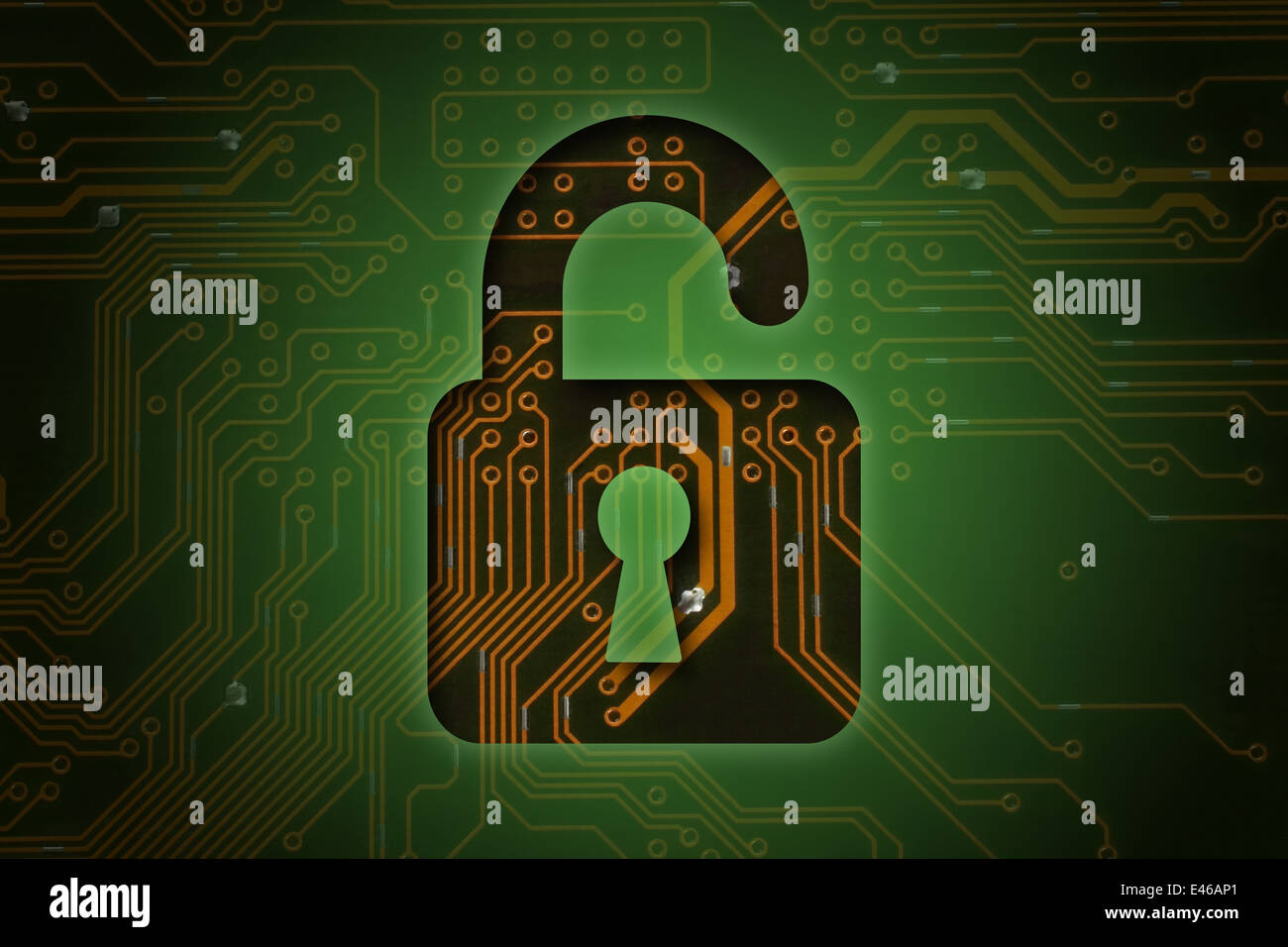 Open lock on circuit background, security concept Stock Photo - Alamy