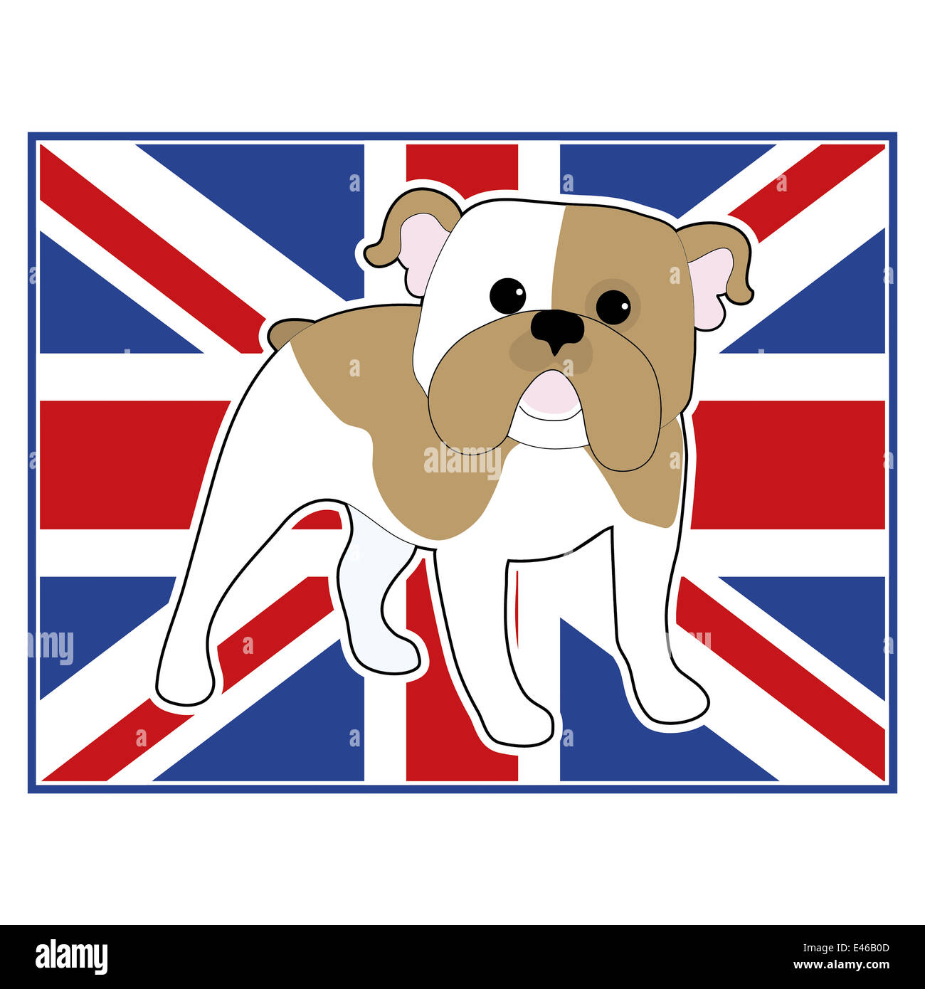 A cartoon illustration of an English Bulldog with a British flag in the ...