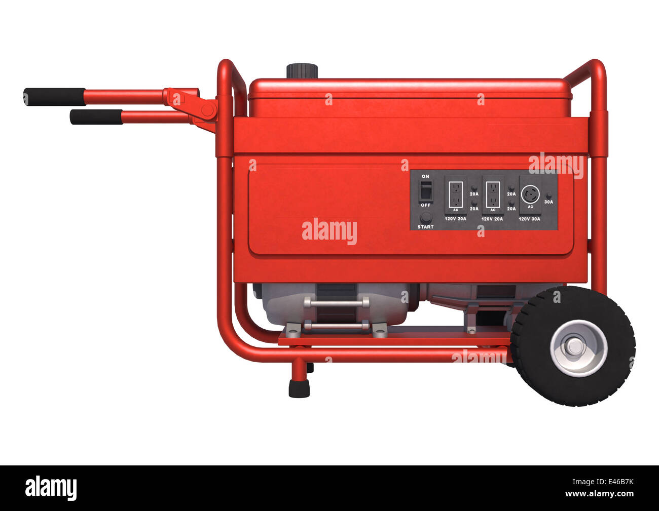 3D digital render of a red portable generator isolated on white ...
