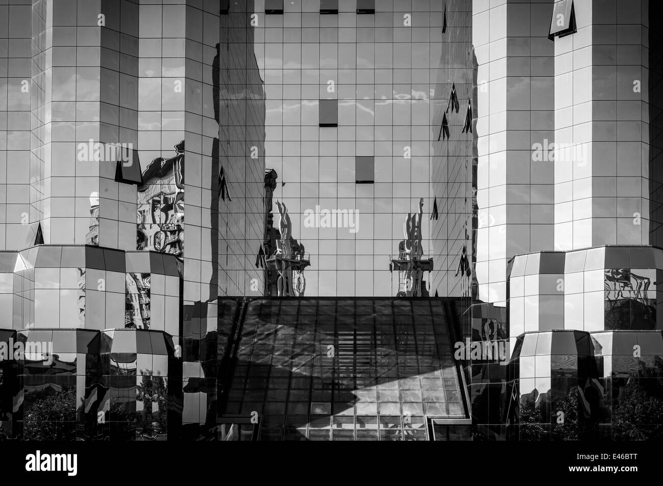 Black and white photograph. Front elevation of glass window reflections ...