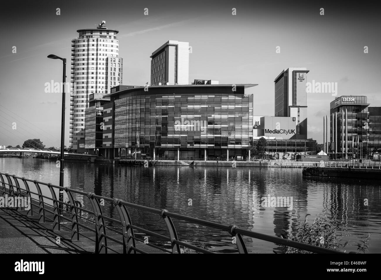 Black and white photo, image. Media City, BBC studios and offices ...