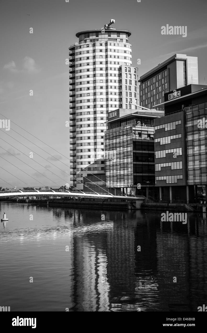 Black and white photo, image. Media City, BBC studios and offices ...