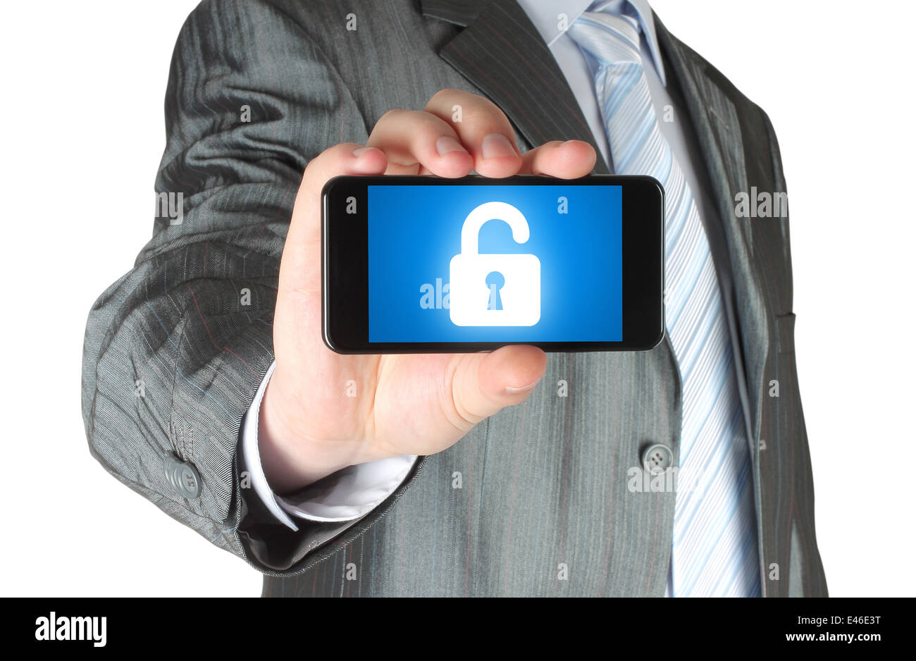 Businessman holds smart phone with lock on white background, security ...