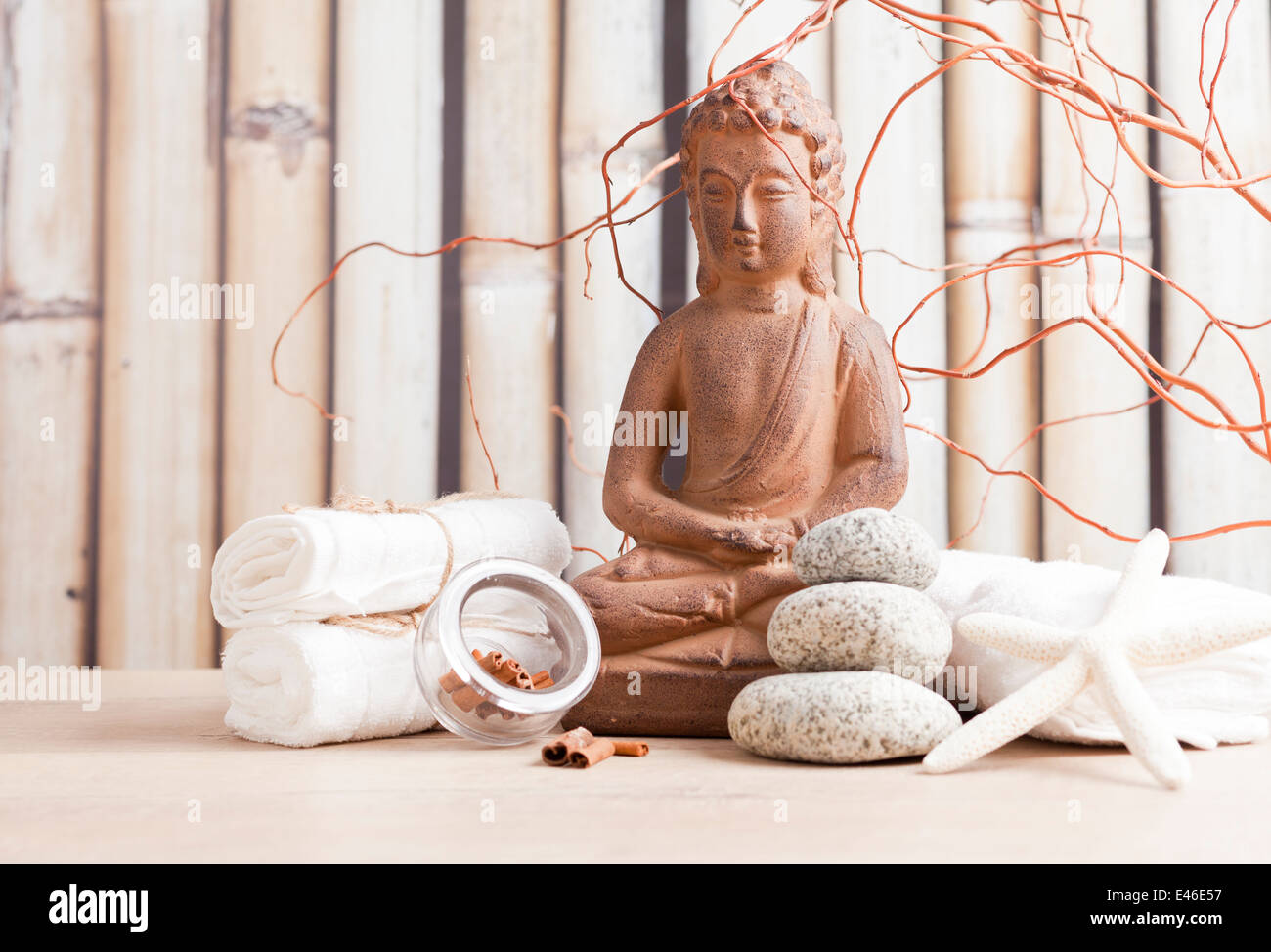buddha statue and spa items in sauna, relaxation background Stock Photo ...