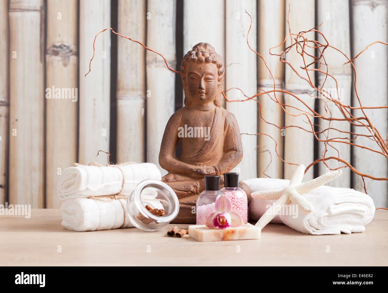 buddha statue and spa items in sauna, relaxation background Stock Photo ...