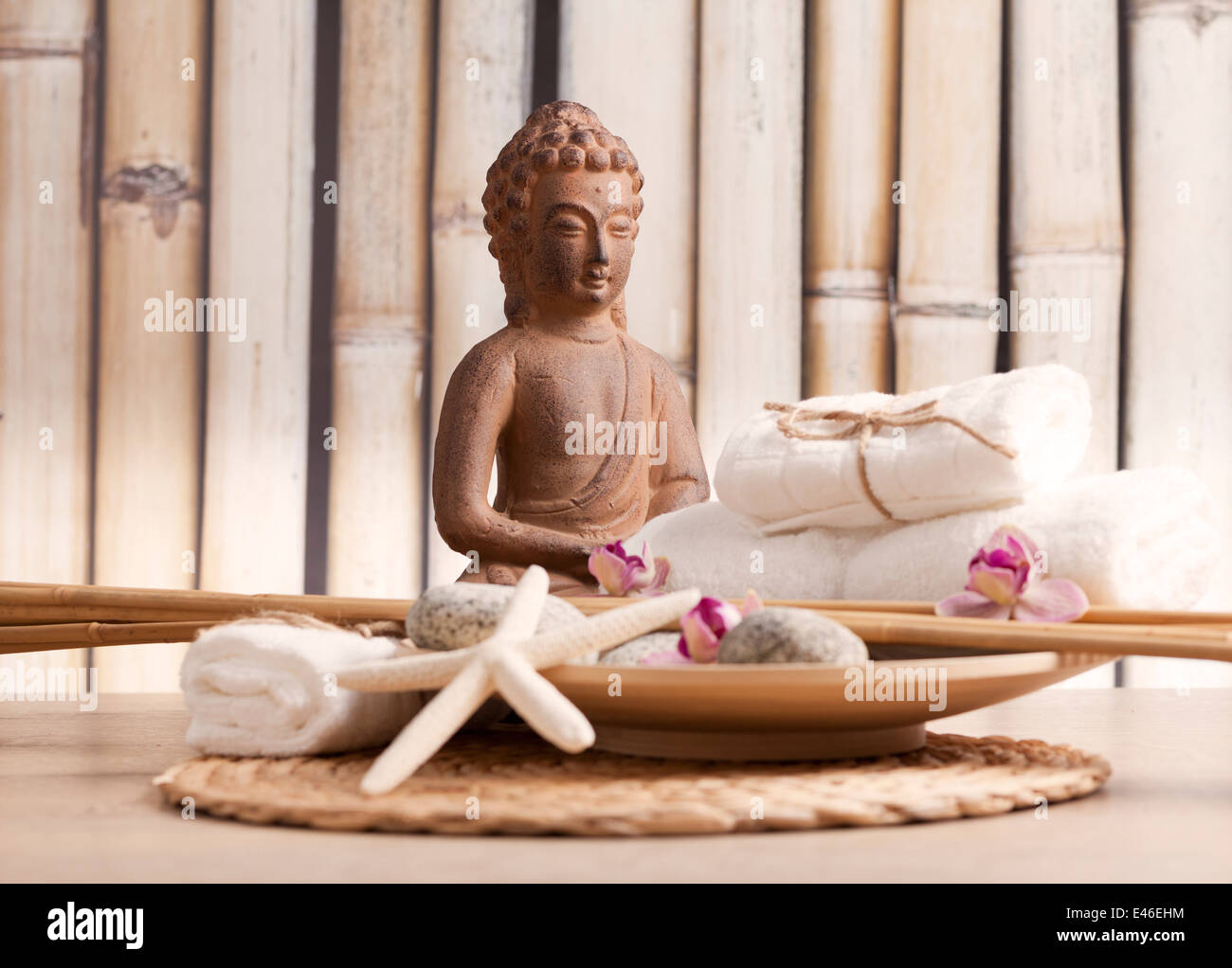 buddha statue and spa items in sauna, relaxation background Stock Photo ...