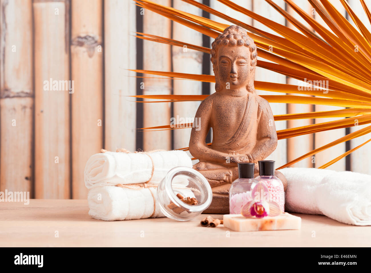 buddha statue and spa items in sauna, relaxation background Stock Photo ...