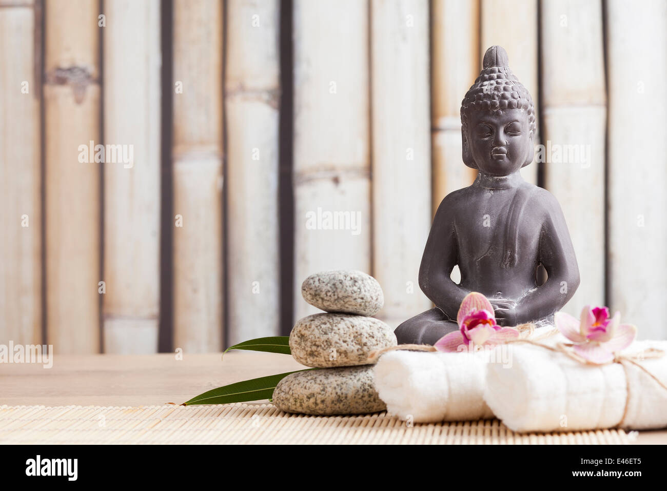 buddha statue and spa items in sauna, relaxation background Stock Photo ...