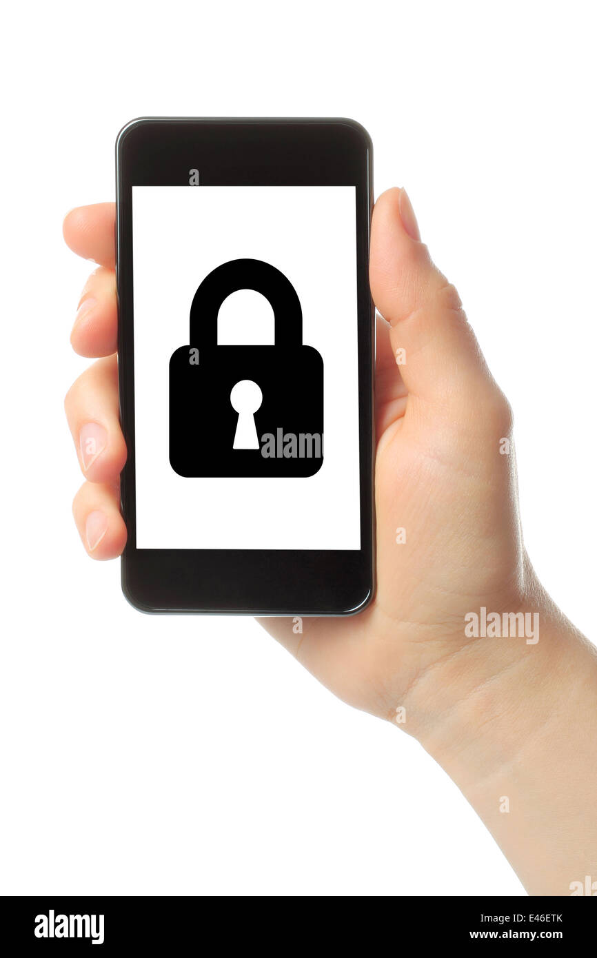 Woman hand holds smart phone with lock on white background, security ...