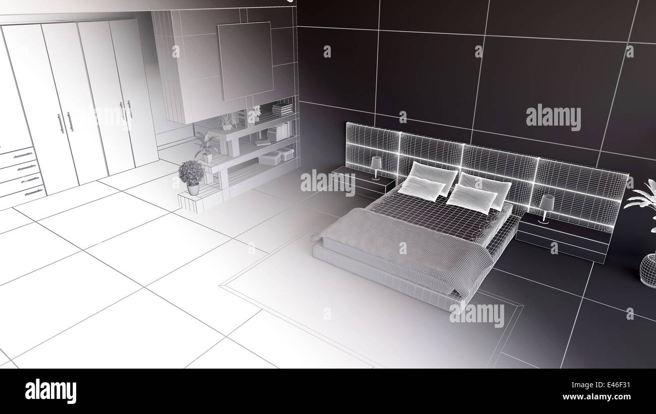 3D render of a bedroom in wireframe Stock Photo - Alamy