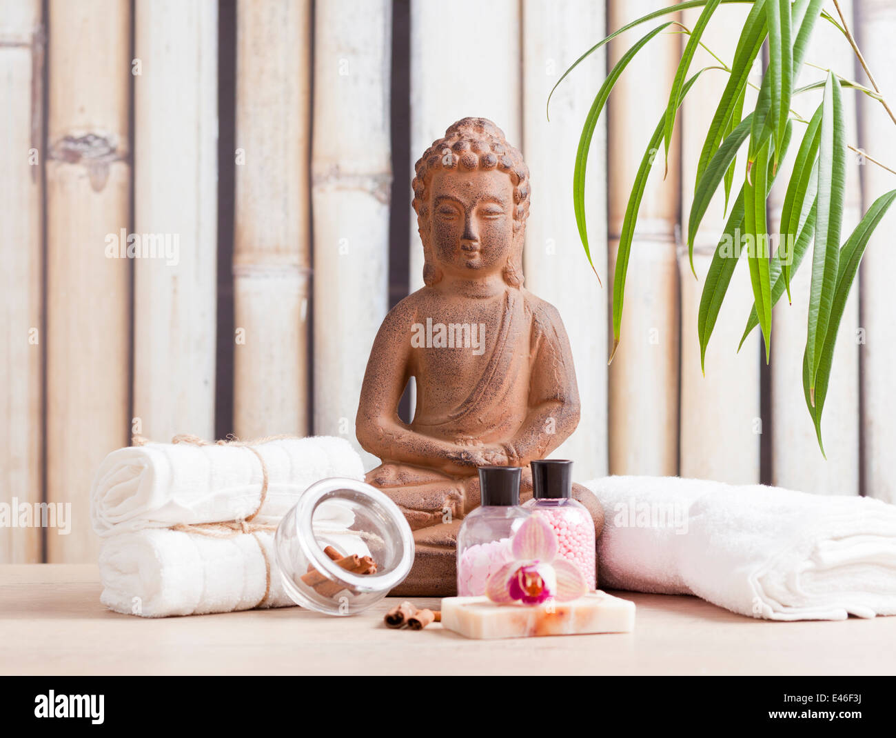 buddha statue and spa items in sauna, relaxation background Stock Photo ...