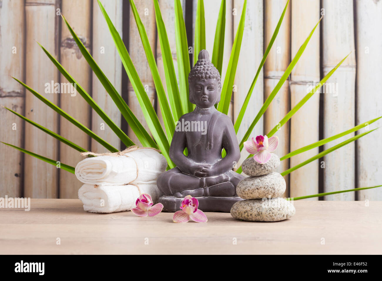 buddha statue and spa items in sauna, relaxation background Stock Photo ...