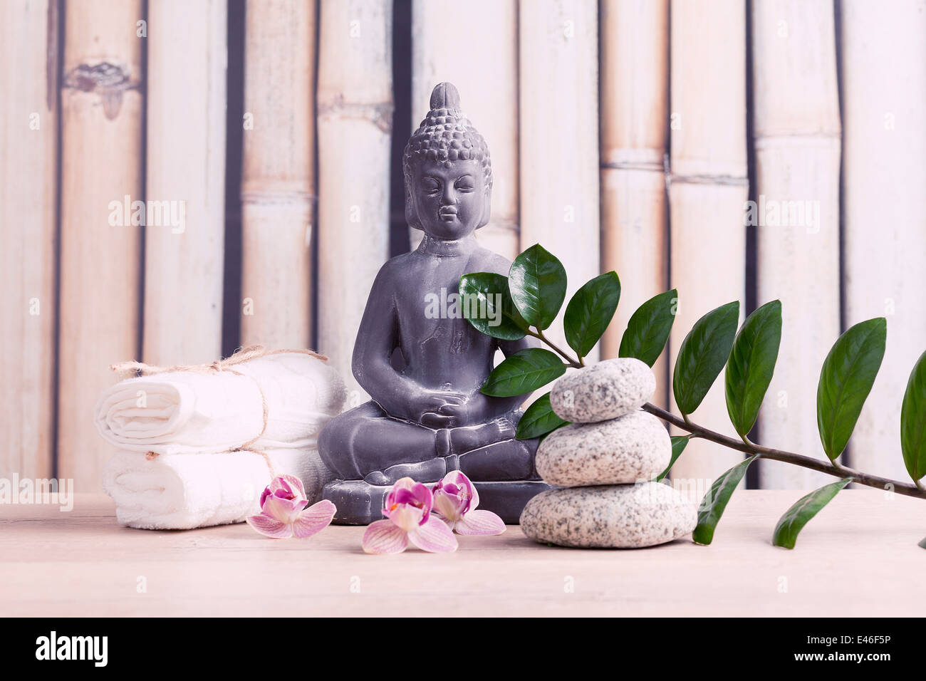 buddha statue and spa items in sauna, relaxation background Stock Photo ...