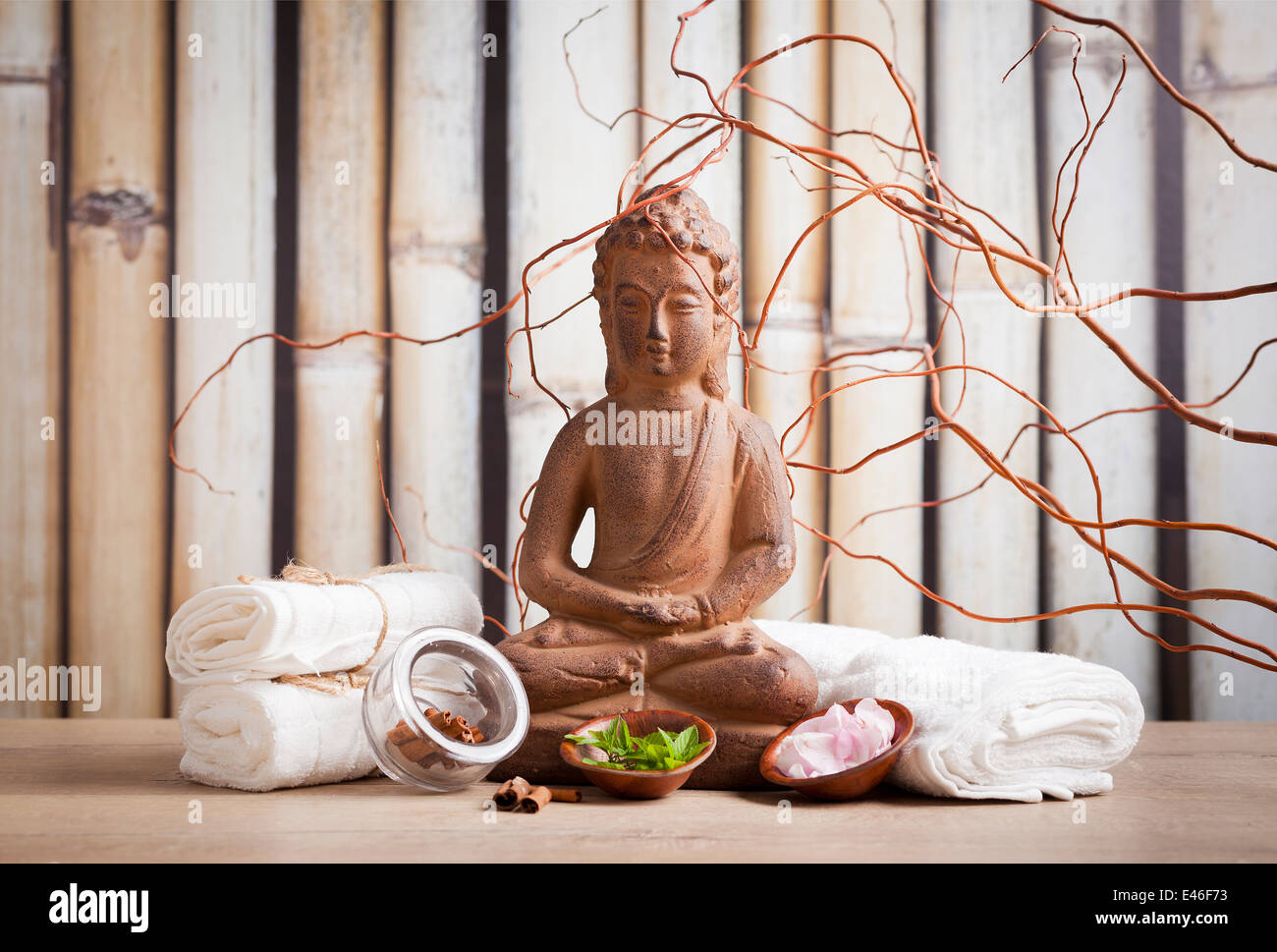 buddha statue and spa items in sauna, relaxation background Stock Photo ...