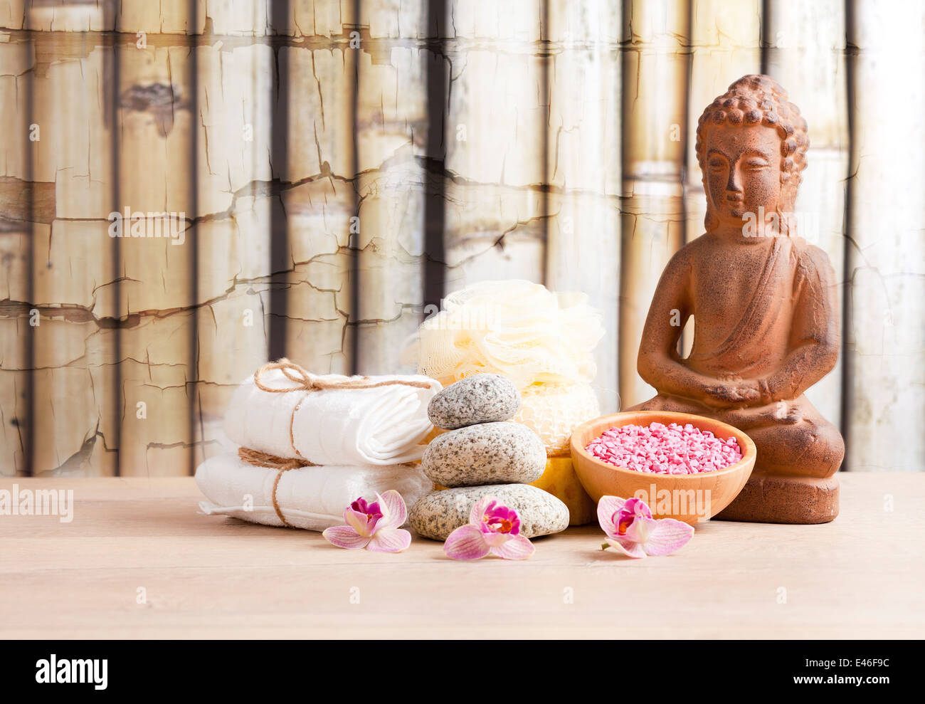buddha statue and spa items in sauna, relaxation background Stock Photo ...