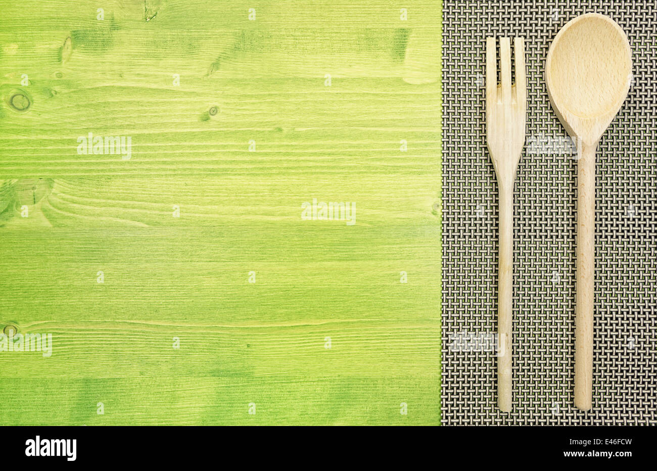 top view kitchen table wooden spoon fork Stock Photo - Alamy