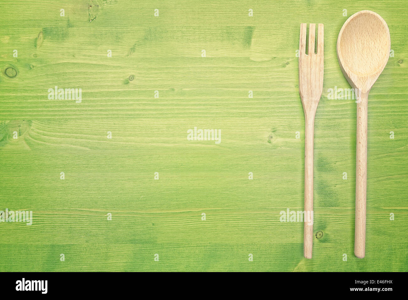 top view kitchen table wooden spoon fork Stock Photo - Alamy