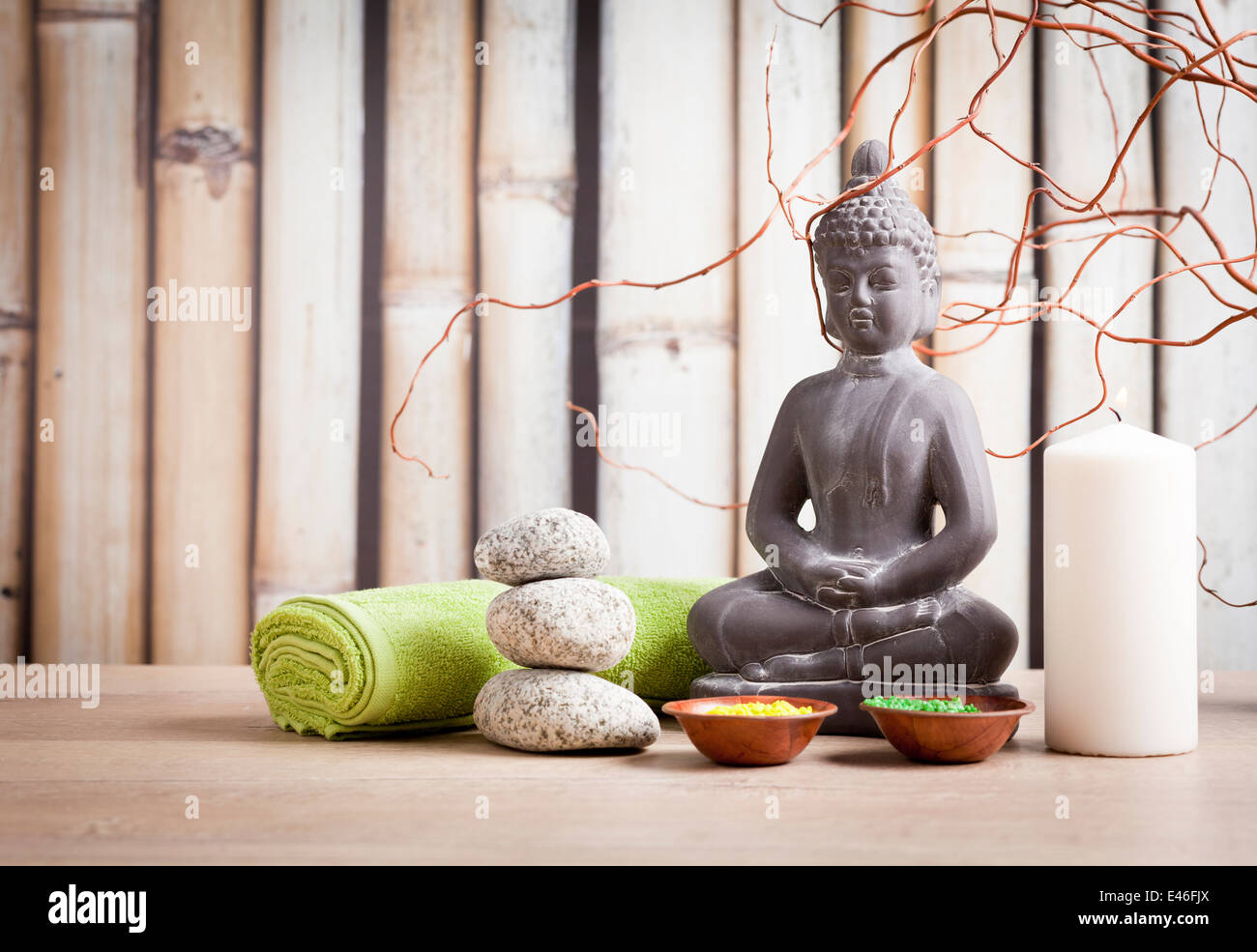 buddha statue and spa items in sauna, relaxation background Stock Photo ...