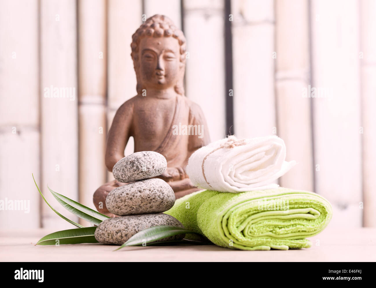 buddha statue and spa items in sauna, relaxation background Stock Photo ...