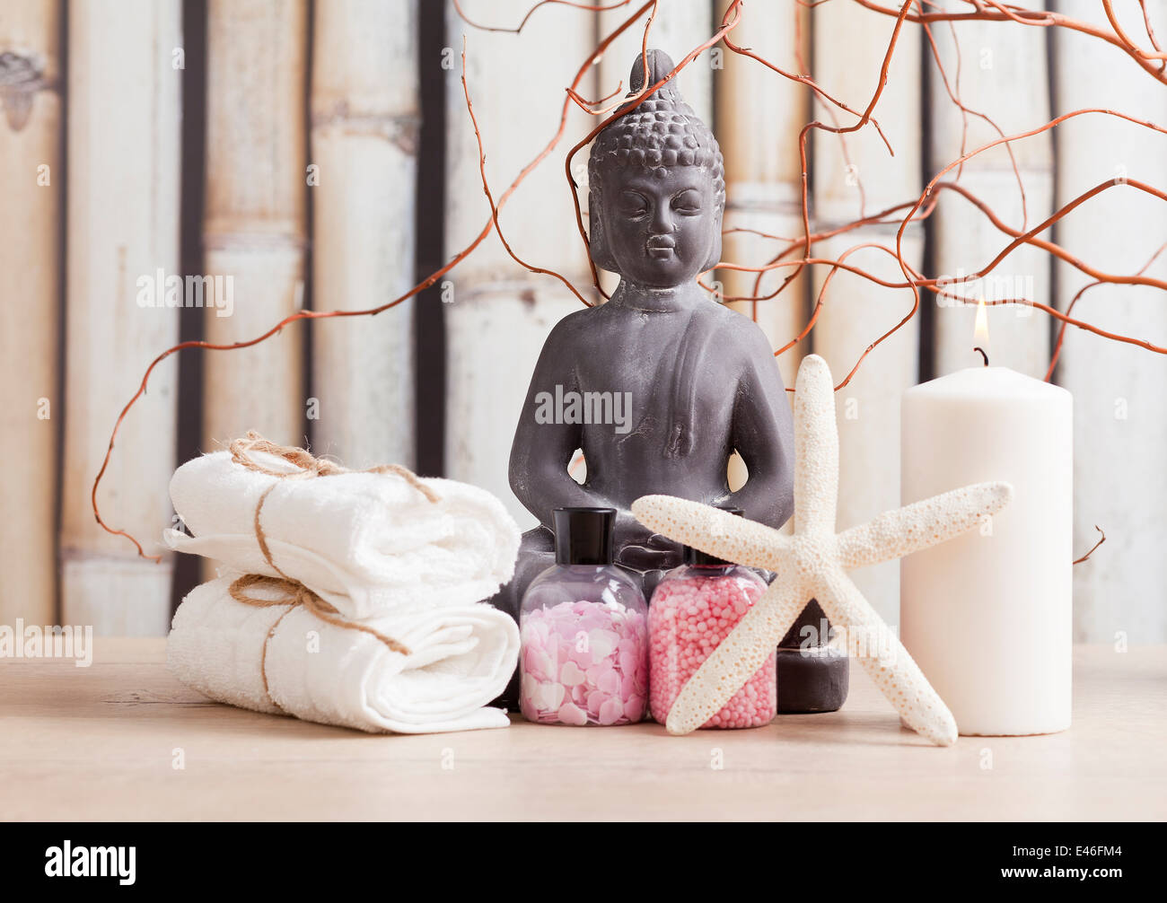 buddha statue and spa items in sauna, relaxation background Stock Photo ...