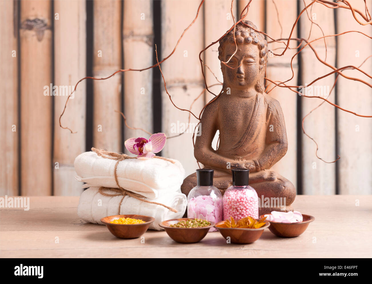buddha statue and spa items in sauna, relaxation background Stock Photo ...