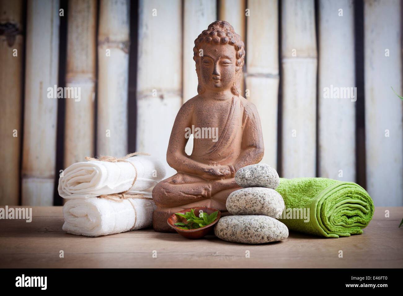 buddha statue and spa items in sauna, relaxation background Stock Photo ...