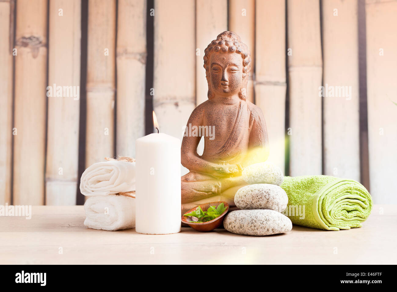 buddha statue and spa items in sauna, relaxation background Stock Photo ...