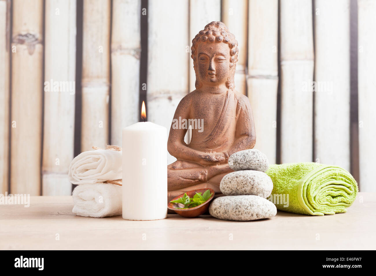 buddha statue and spa items in sauna, relaxation background Stock Photo ...