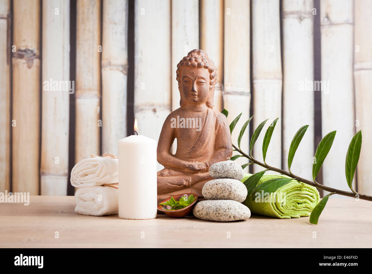 buddha statue and spa items in sauna, relaxation background Stock Photo ...
