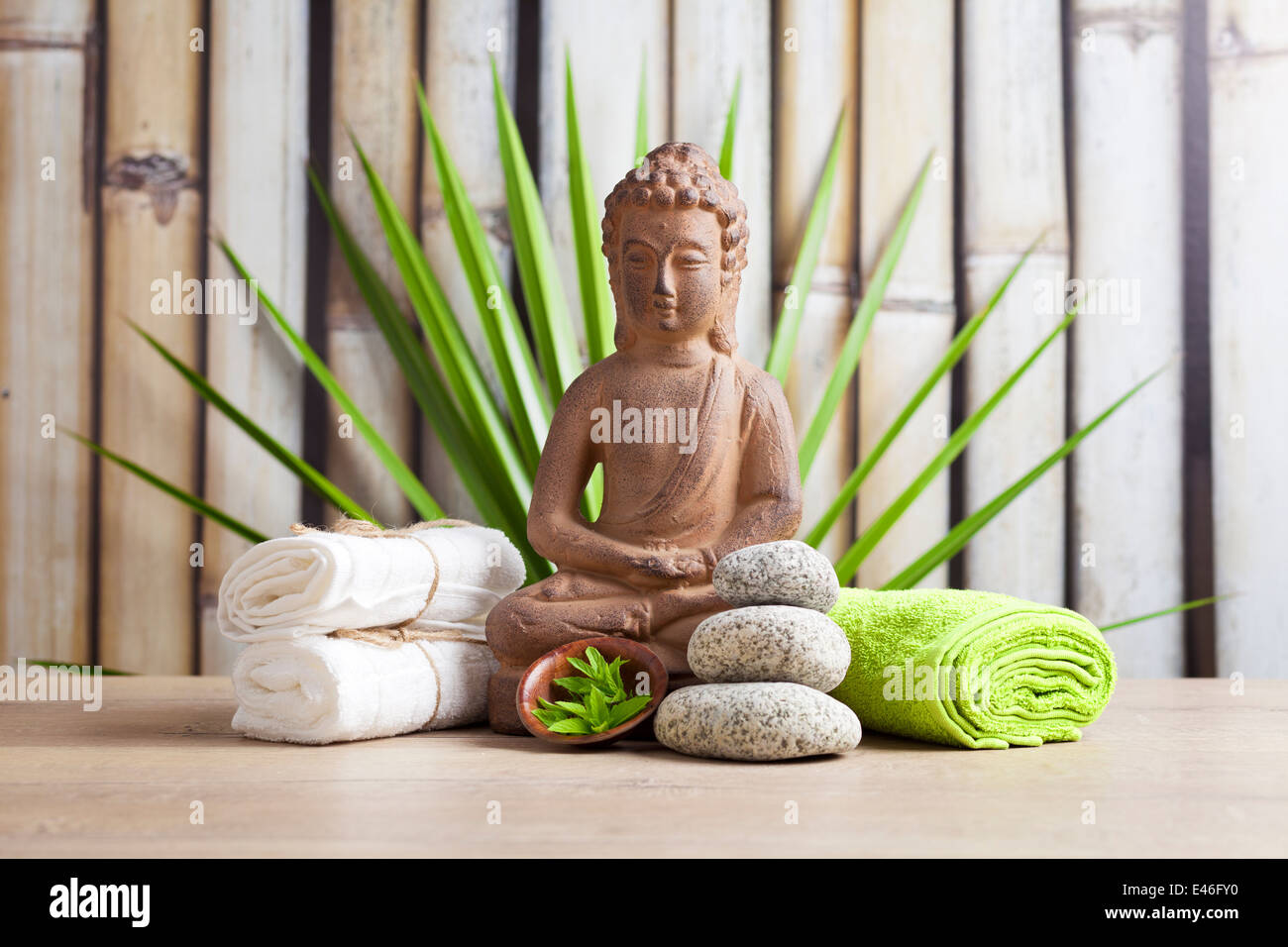 buddha statue and spa items in sauna, relaxation background Stock Photo ...