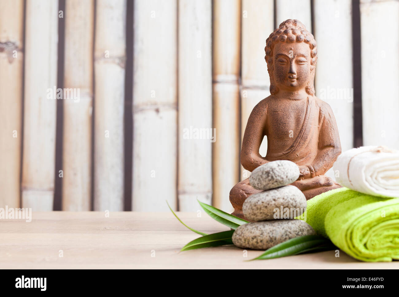 buddha statue and spa items in sauna, relaxation background Stock Photo ...
