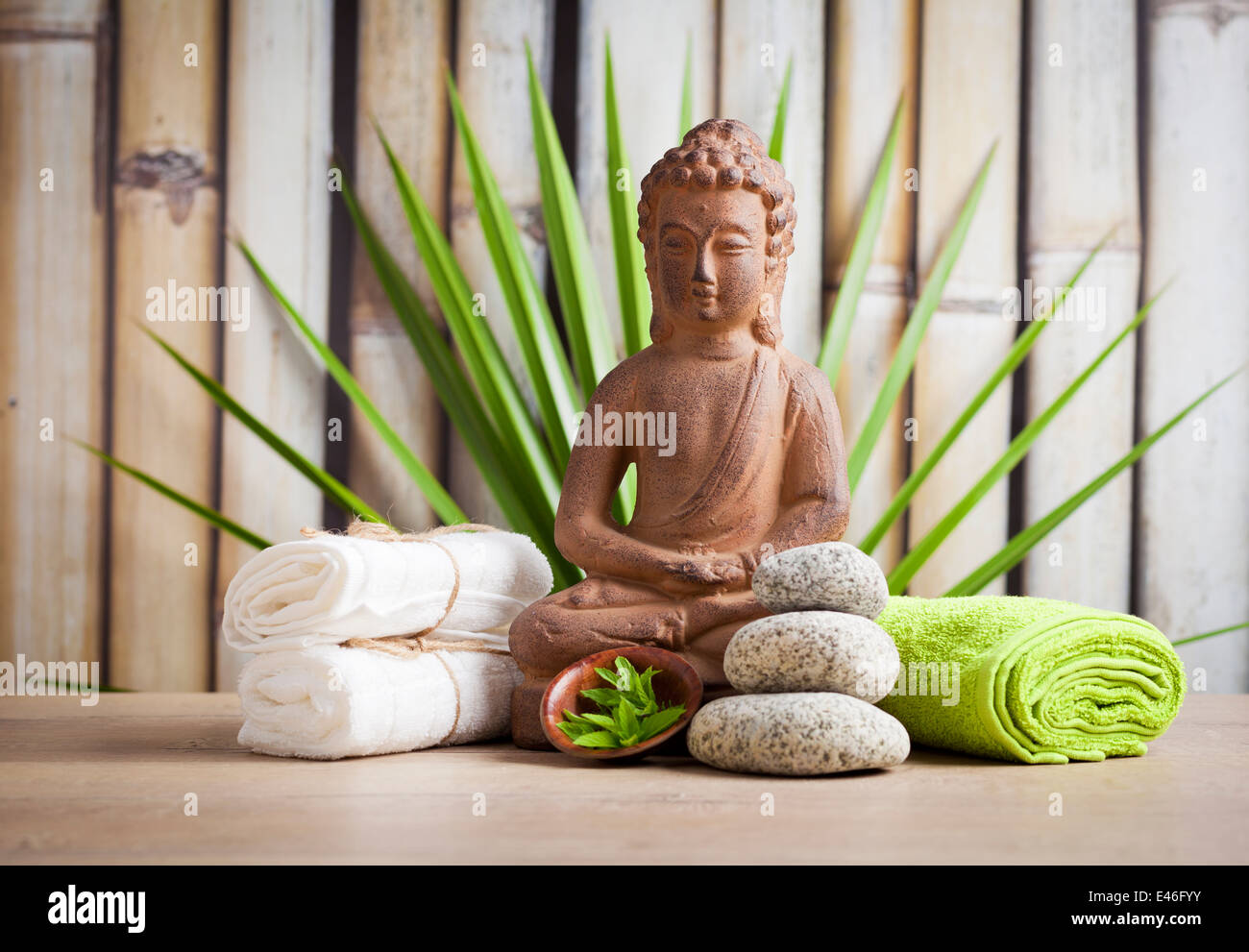 buddha statue and spa items in sauna, relaxation background Stock Photo ...